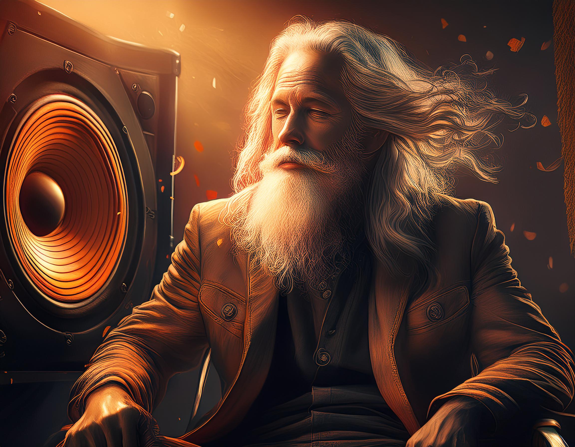 Firefly Old man on chair in front of large subwoofer with his long ...